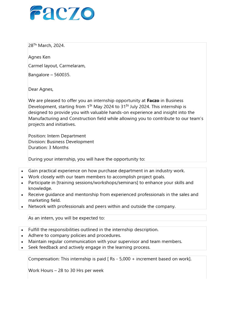 Internship Offer Letter for Business Development | PDF