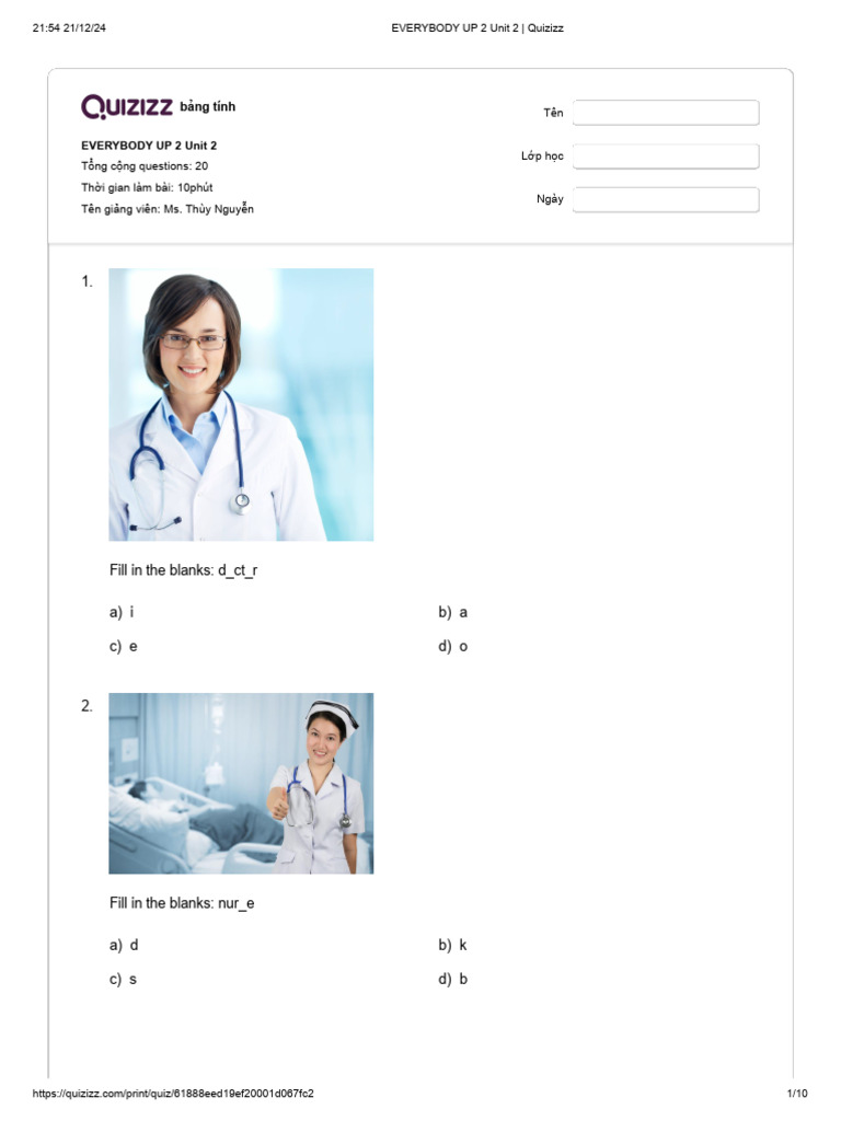 EVERYBODY UP 2 Unit 2 - Quizizz | PDF