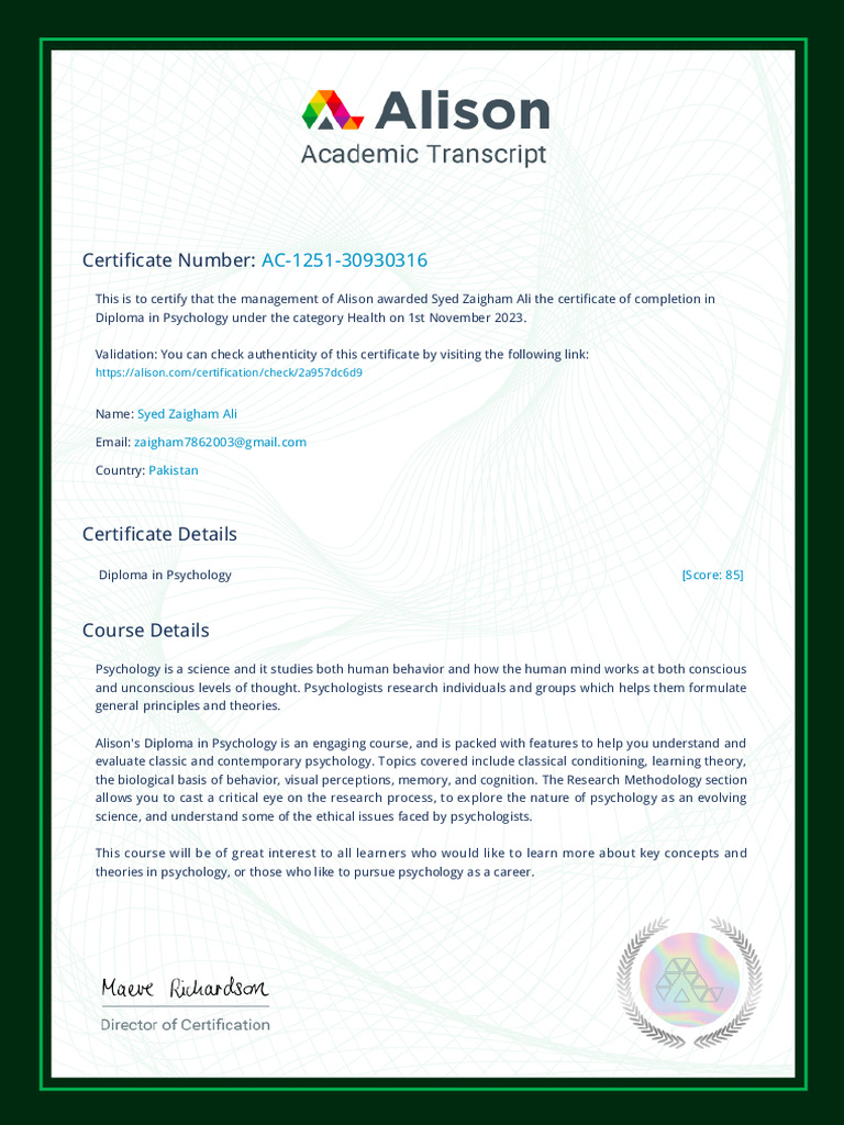 Diploma in Psychology Completion Certificate | PDF