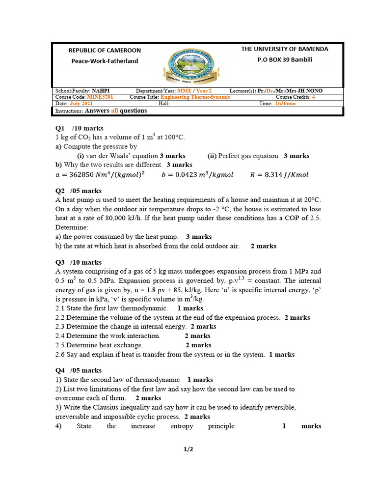 Thermo_Exam Questions_2020-2021 | PDF