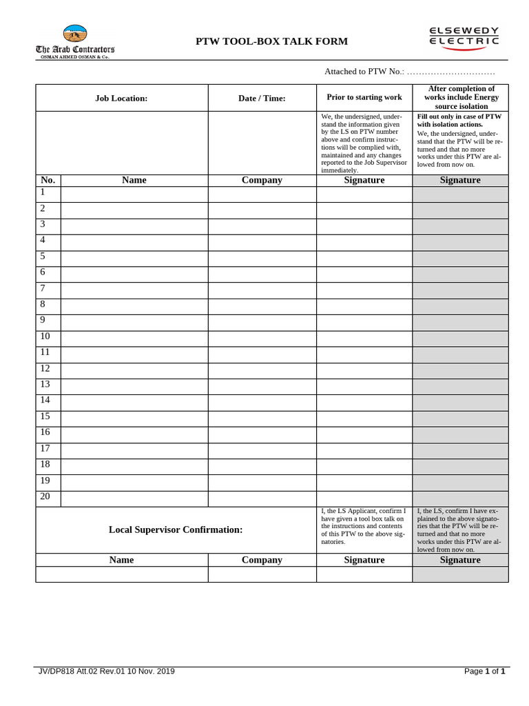Att. 02 PTW Tool-Box Talk Form | PDF