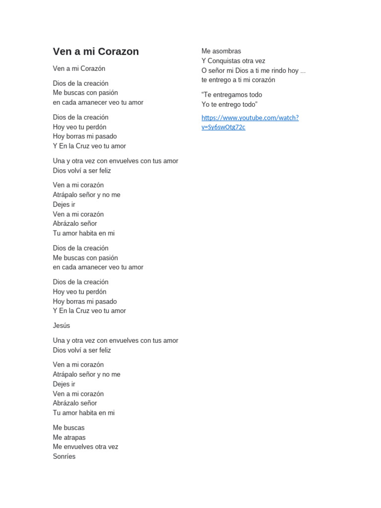 Letra de "Ven a mi Corazón" | PDF | Amor