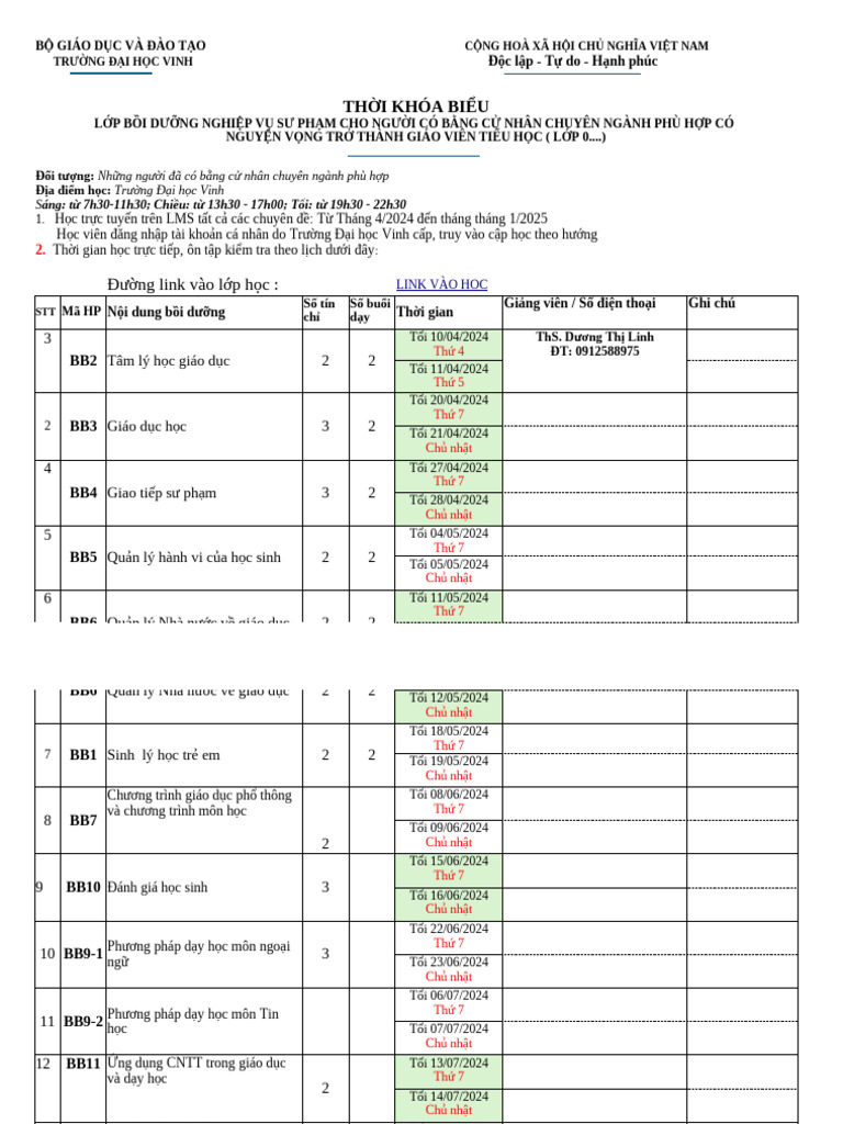 2. Tkb Lớp Bd Nvsp - Gv Tiểu Học | PDF