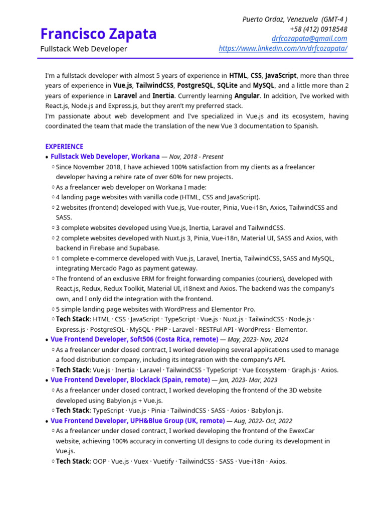CV Francisco Zapata, Nov2024 | PDF | Web Development | Java Script