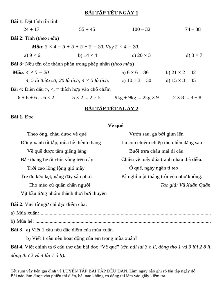 Bai Tap Tet Mon Toan Lop 2 Nam 2023 | PDF