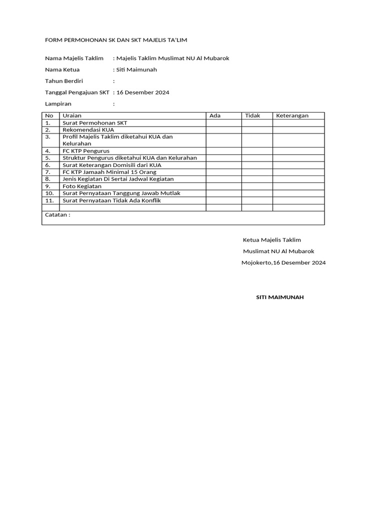 1.form Permohonan SK Dan SKT MTM Nu Al Mubarok | PDF
