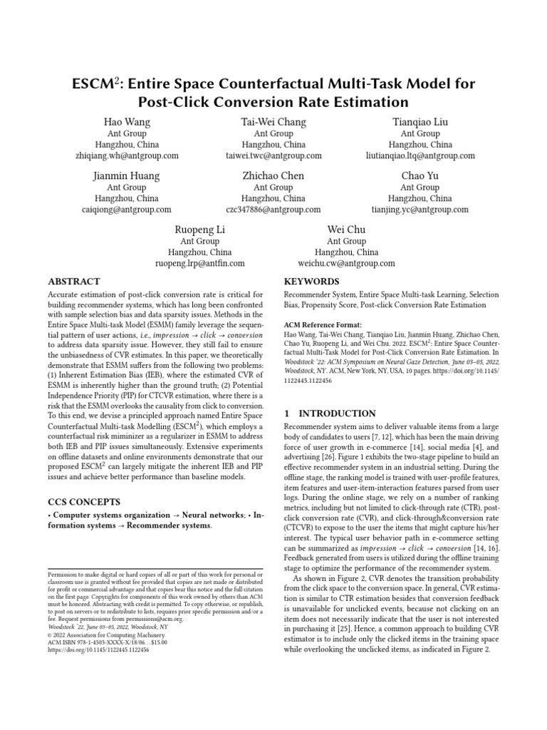 ESCM2 - Entire Space Counterfactual Multi-Task Model For Post-Click Conversion Rate Estimation ...