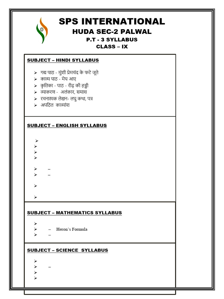 Class - 9 PT -3 Syllabus All Subjects | PDF