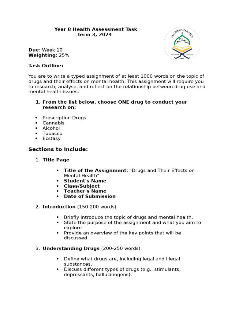 Year 8 Health Assessment Task, Term 3 | PDF | Drugs | Mental Health