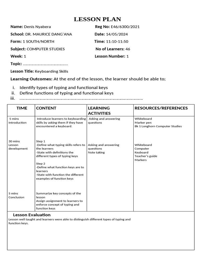 Keyboarding Skills Lesson Plan | PDF