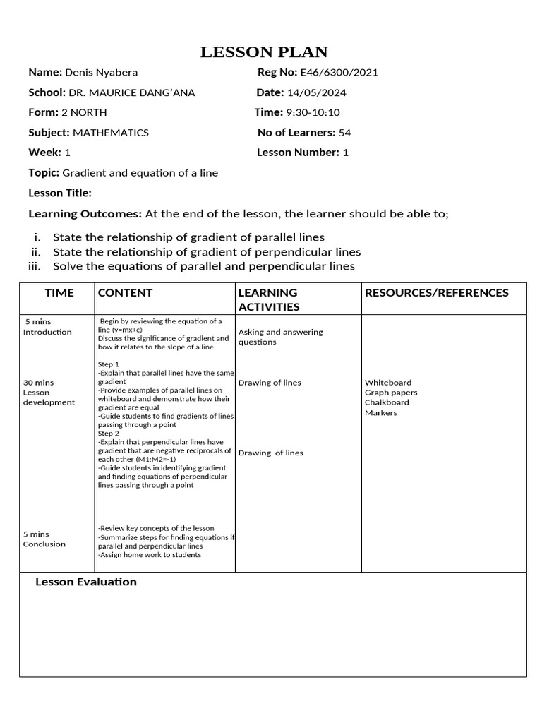 LESSON PLAN - Gradient and Eqn of A Line | PDF