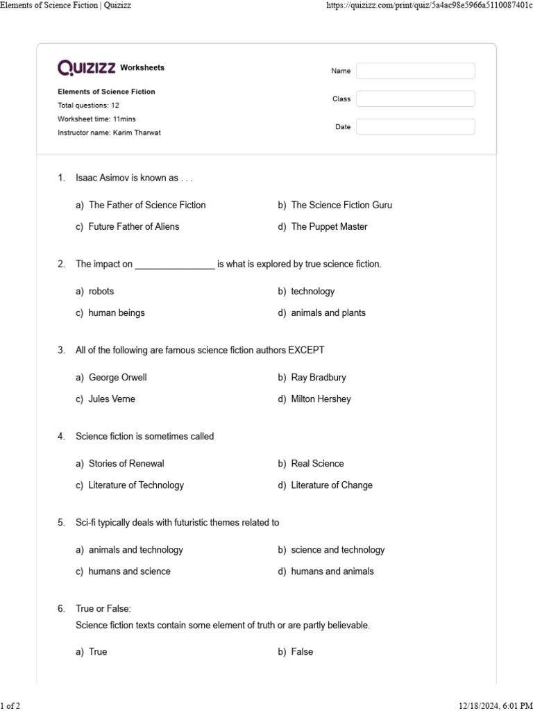 Science Fiction Elements Quiz | PDF | Science Fiction | Speculative Fiction