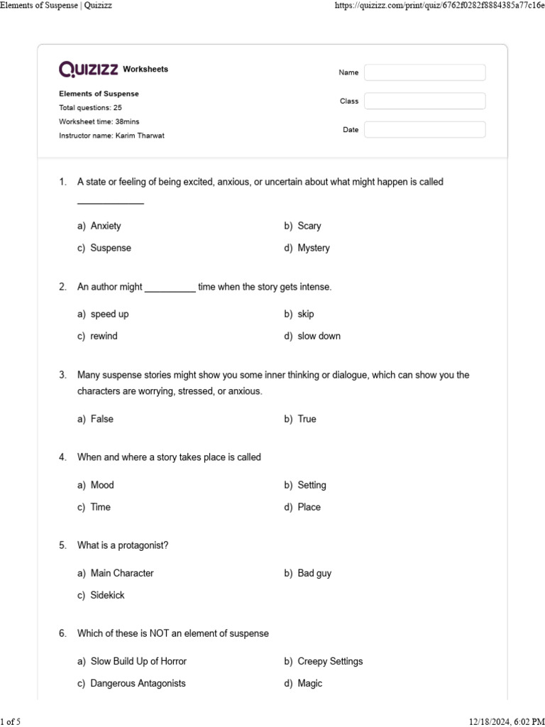 Elements of Suspense _ Quizizz | PDF | Thriller (Genre) | Feeling