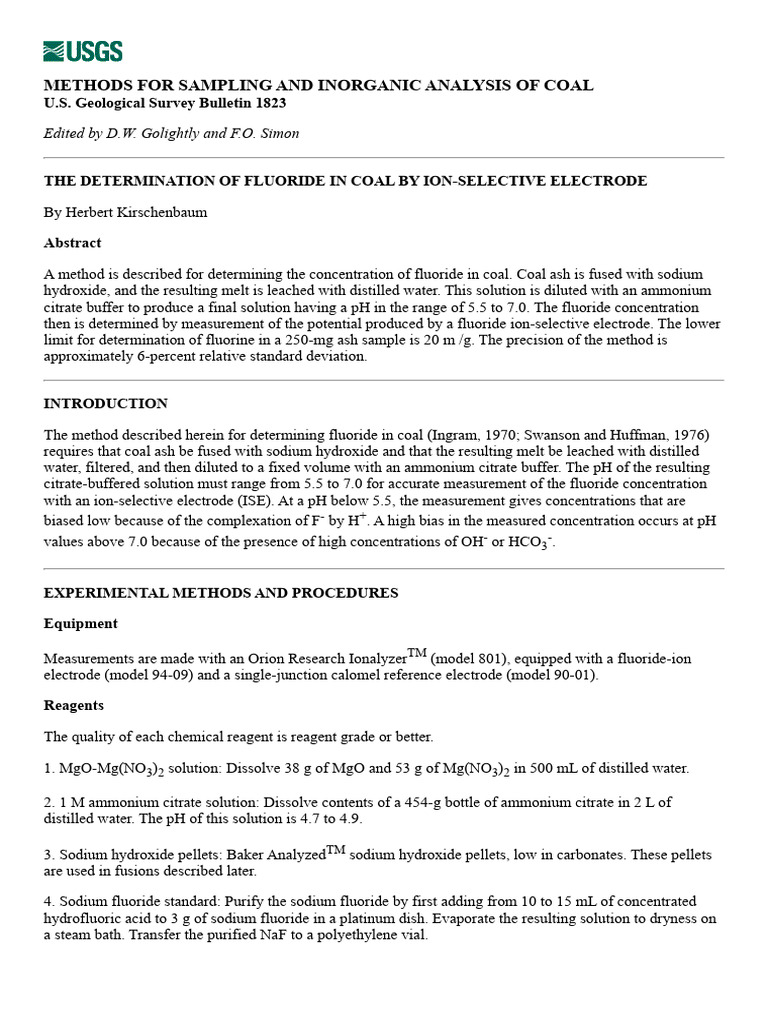 USGS Bulletin 1823 - Determination of Fluoride in Coal by Ion-Selective Electrode | PDF | Ph ...
