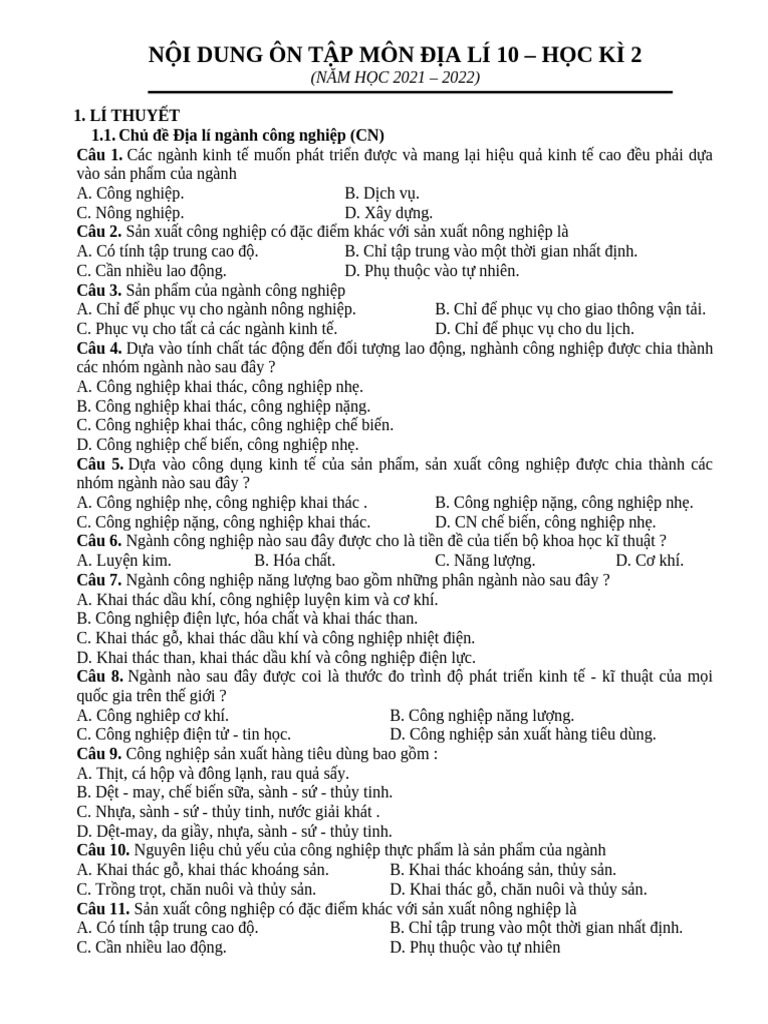 Đề cương ôn tập Địa lí 10 - HK2 (2021-2022) | PDF