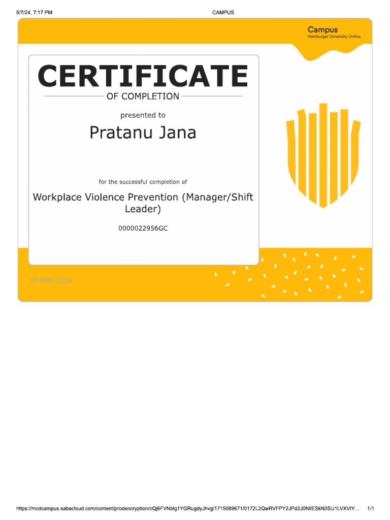 Workplace Violence Certificate | PDF