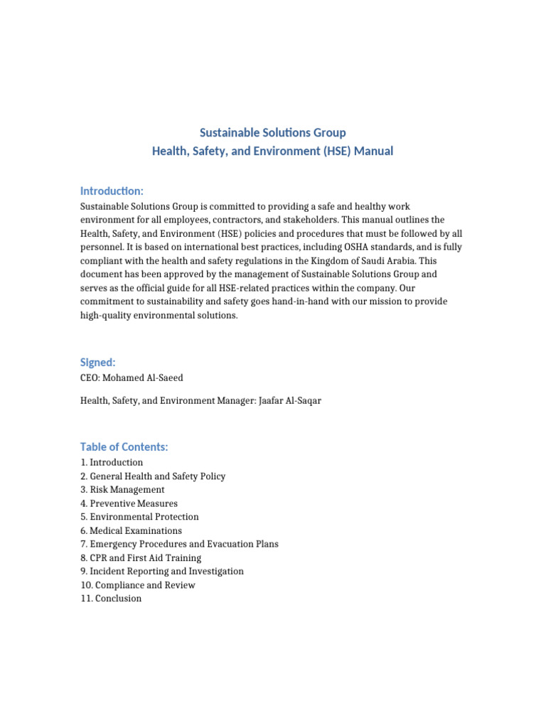 HSE Manual for Sustainable Solutions Group | PDF | First Aid | Emergency