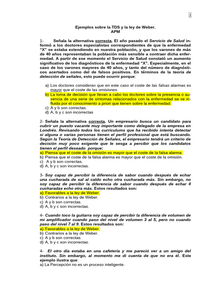 Preguntas de Examen Ejemplos Tds y Ley de Weber | PDF | Percepción ...