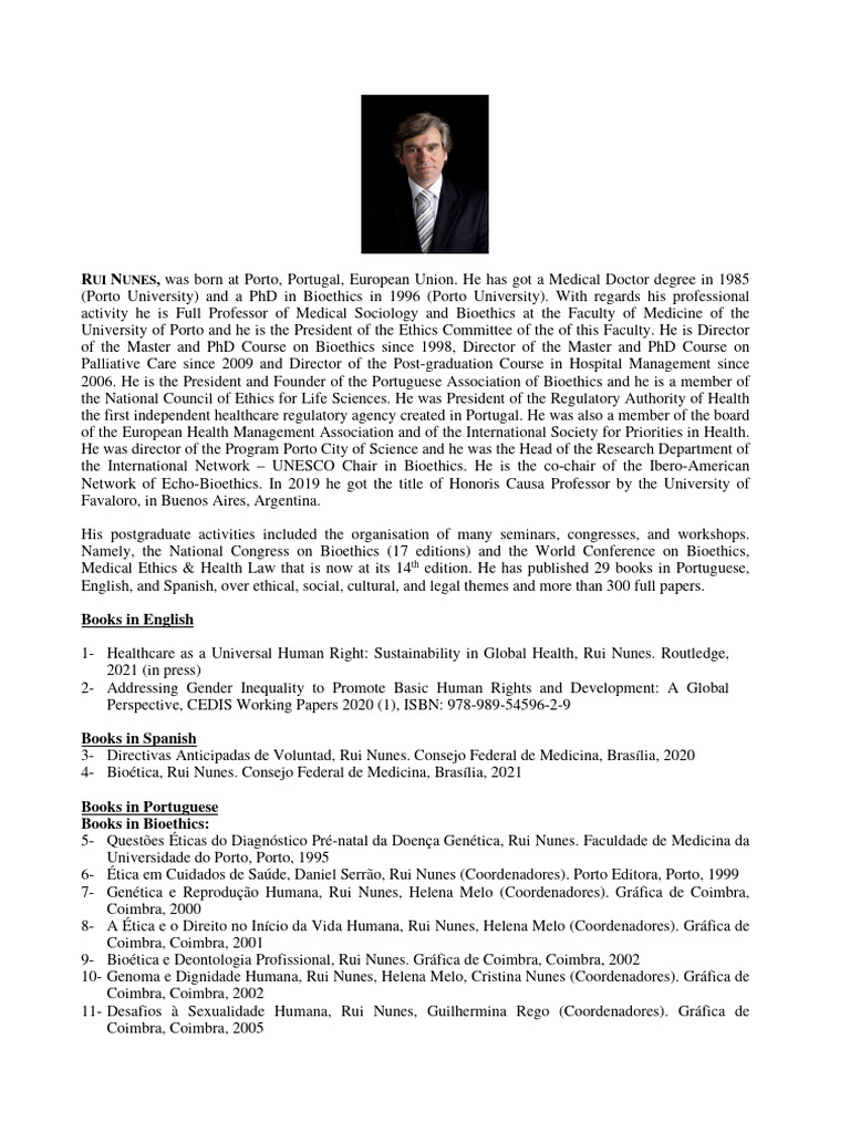 Bioethics Leader: Rui Nunes' Impact | PDF | Bioethics | Medicine