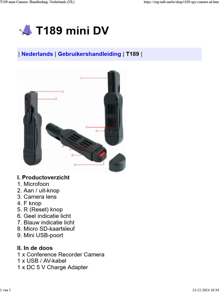 T189 Mini Camera. Handleiding. Nederlands (NL) . | PDF