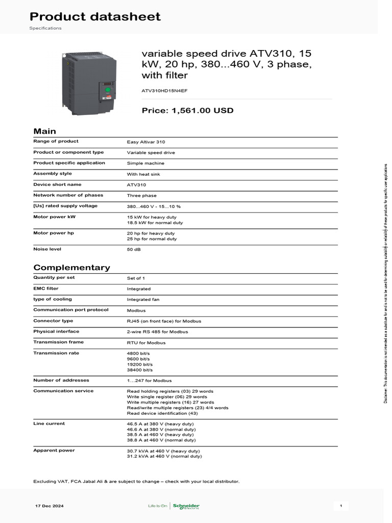 ATV310 Variable Speed Drive 15 kW | PDF | Relay | Electric Motor