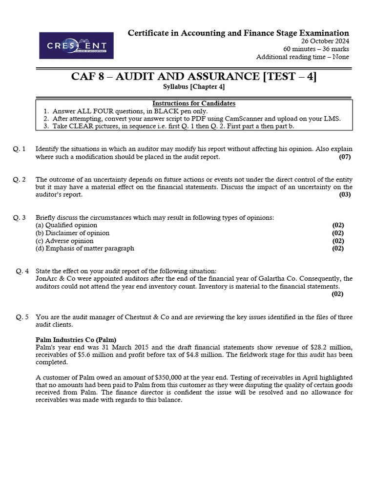 Test 4 CAF 8 (26-Oct-2024) | PDF | Auditor's Report | Business