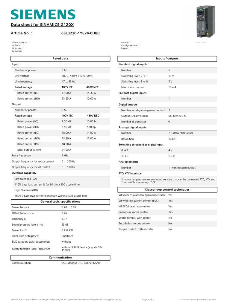 SINAMICS G120X Technical Data Sheet | PDF | Alternating Current | Relay