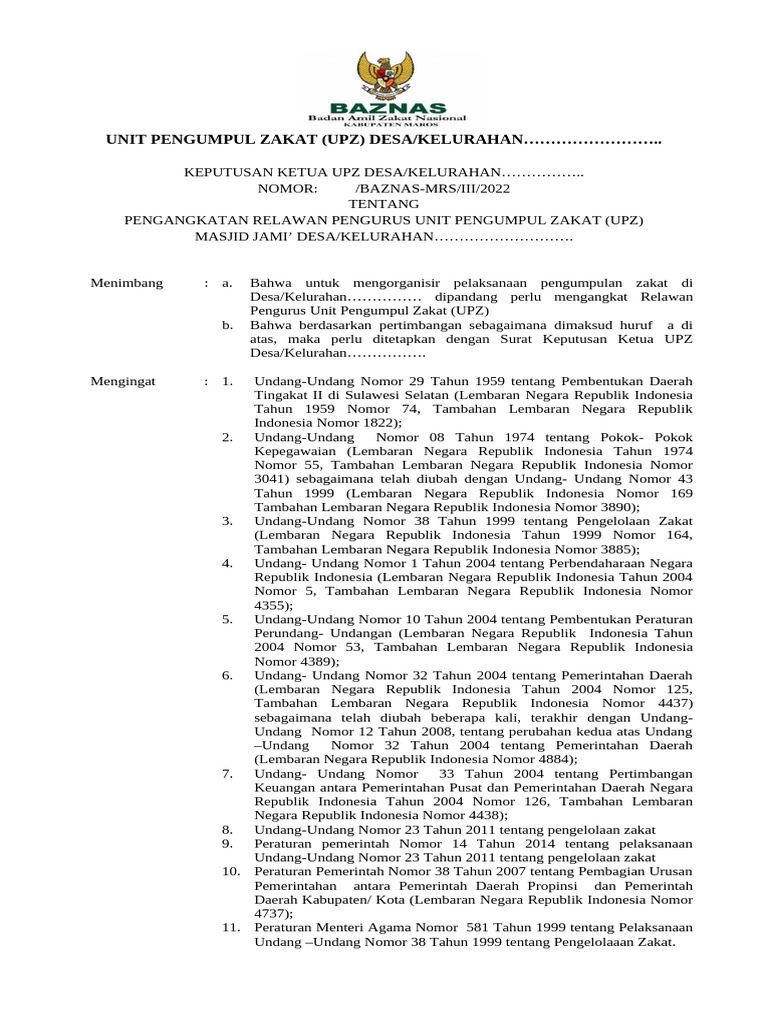 Contoh SK Relawan UPZ.docx | PDF