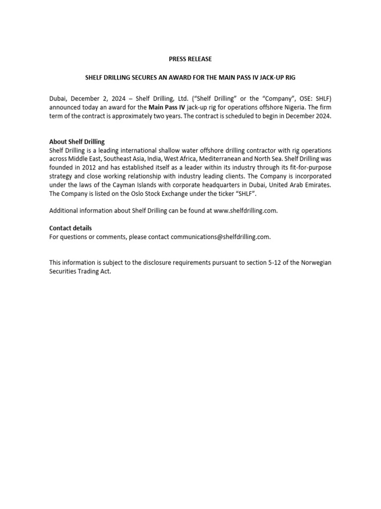 Shelf Drilling Secures An Award For The Main Pass IV Jack Up Rig | PDF