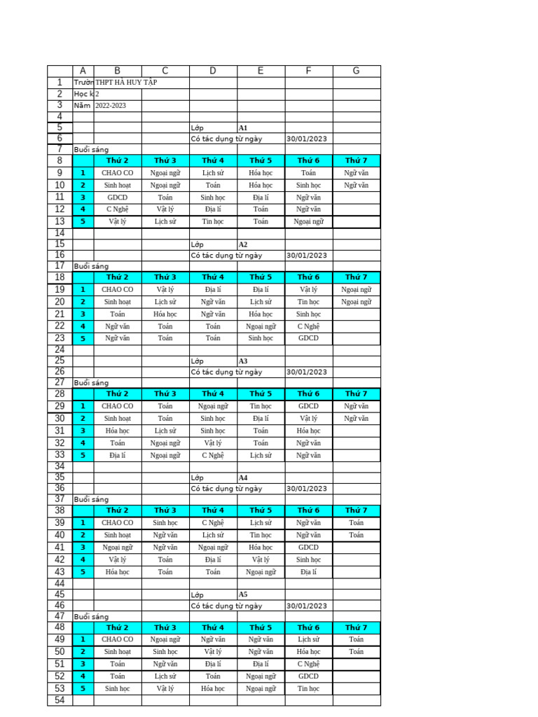 TKB HS Sáng - Chiều (30.01.2023) | PDF