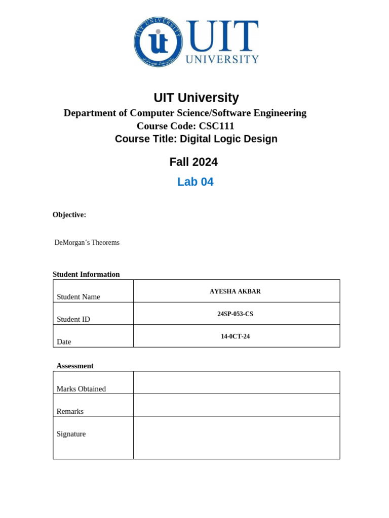 DLD Lab 4 | PDF | Boolean Algebra | Teaching Mathematics