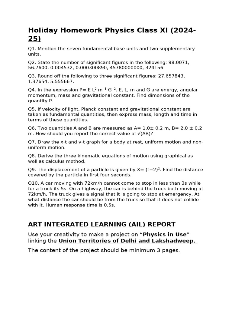 HHW Physics Class XI 2024 | PDF