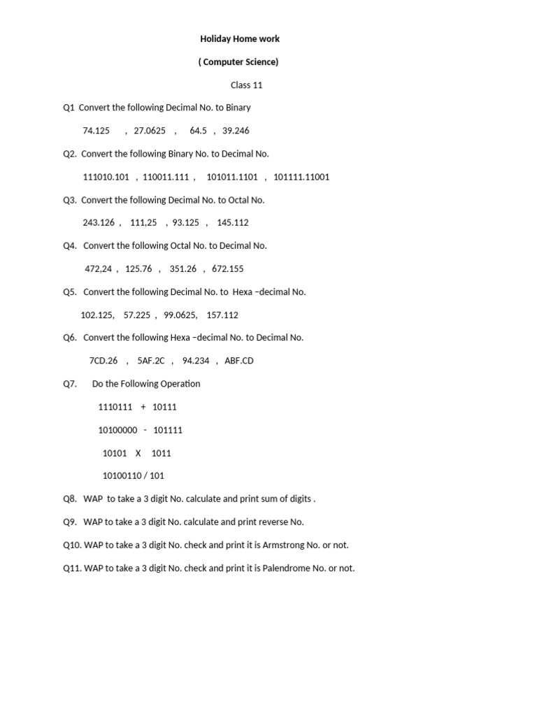 Computer Sc. Holiday Home Work Class 11 | PDF