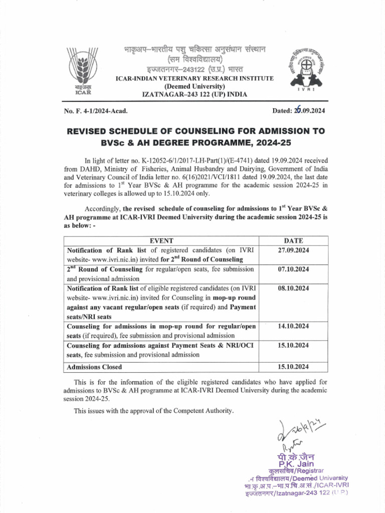 Revised schedule of counseling for BVSc & AH admissions 2024-25 | PDF