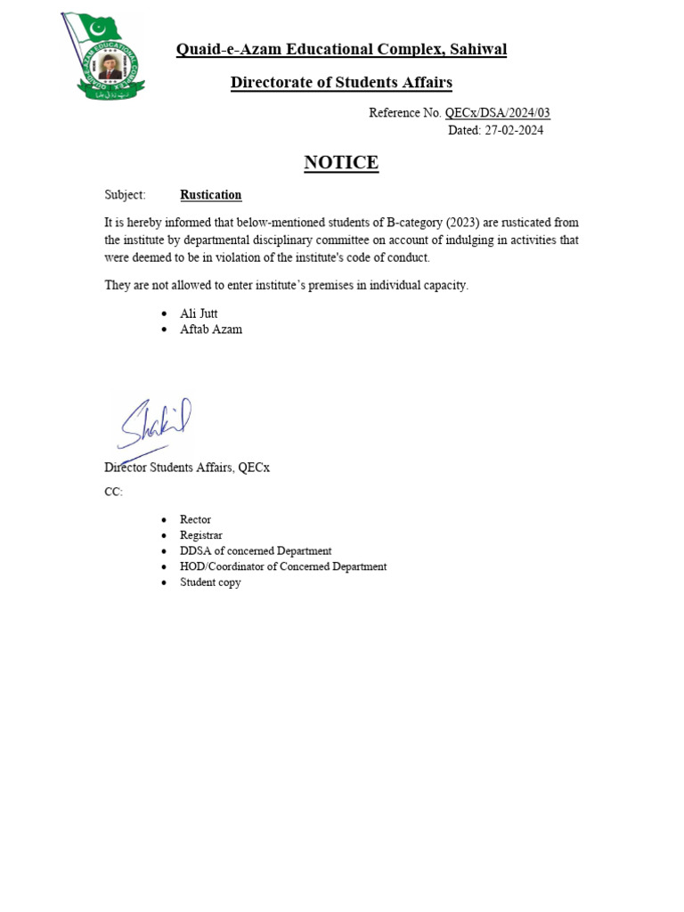 Rustication Letter | PDF