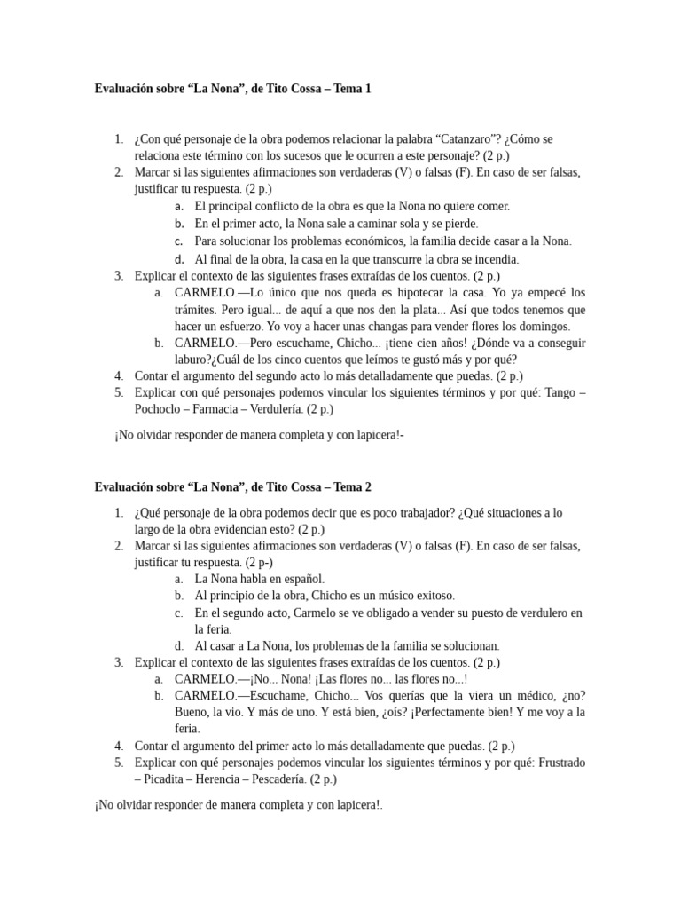 Evaluación Sobre La Nona | PDF