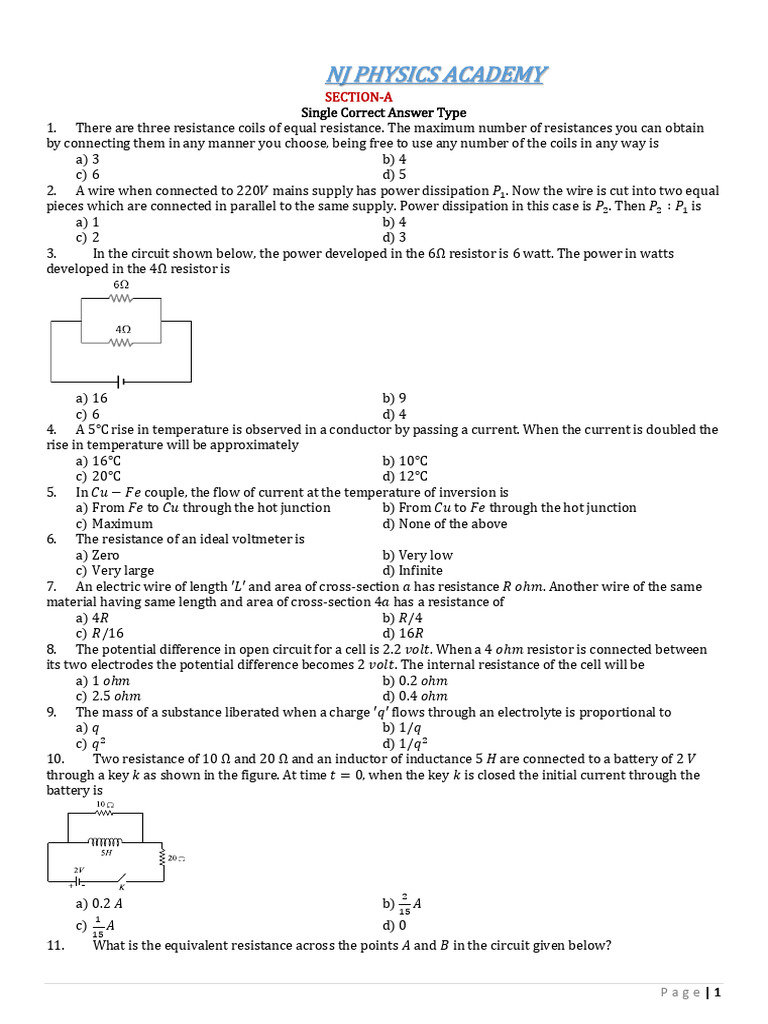 NJ Physics Academy: Electricity Quiz | PDF | Electrical Resistance And ...