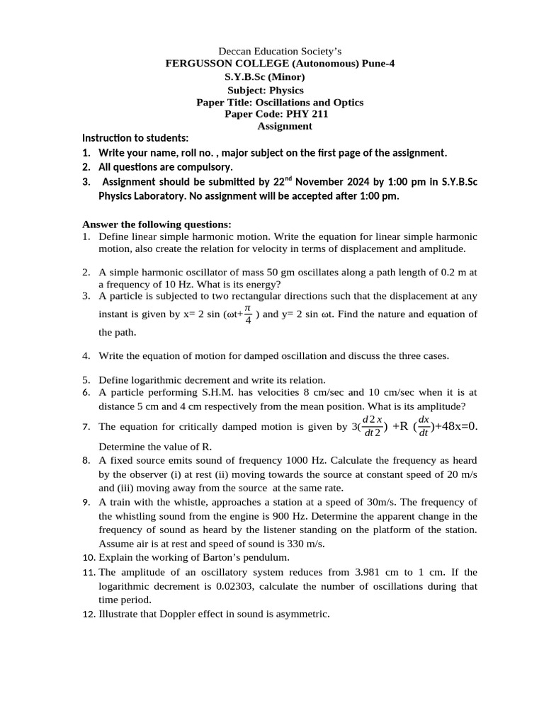 S.Y.B.Sc Oscillation Assignment | PDF | Oscillation | Sound