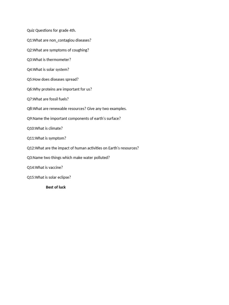 4th Grade Science Quiz Questions | PDF