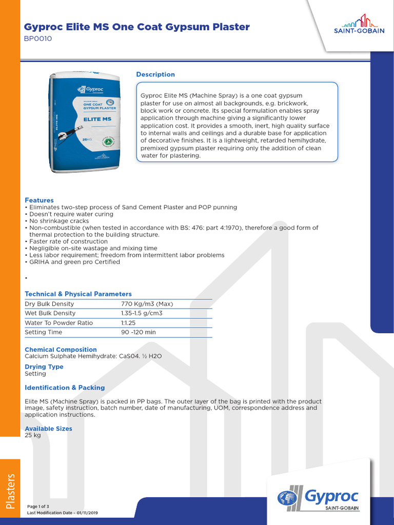 Gyproc Elite MS One Coat Gypsum Plaster | PDF | Plaster | Drywall