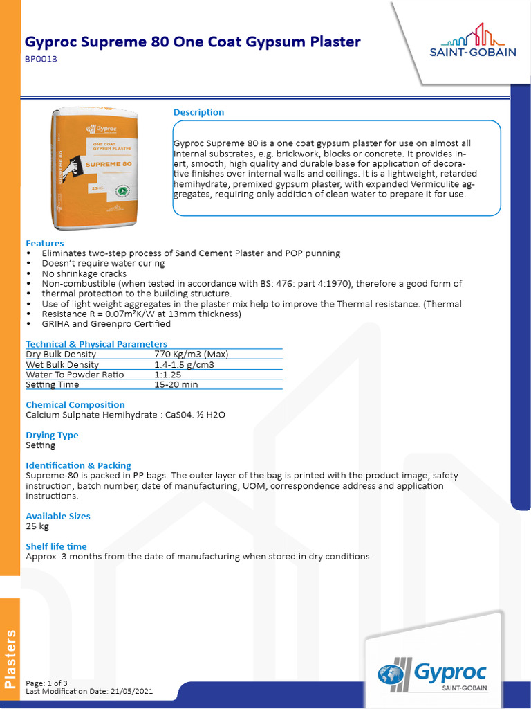 Gyproc Supreme 80 One Coat Gypsum Plaster 24may21 | PDF | Plaster | Drywall