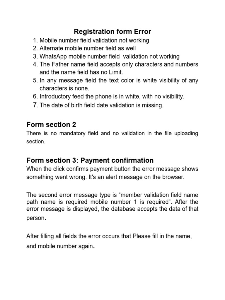 Testing Registration Form Error | PDF