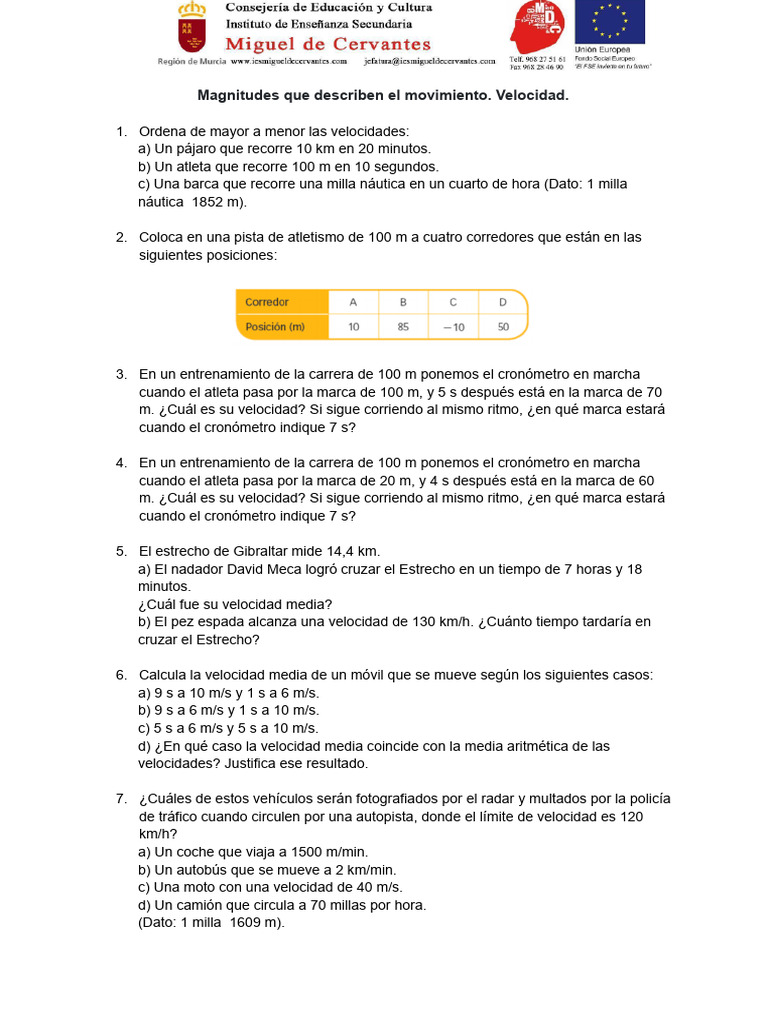 Ejercicios UD1. El Movimiento 3º ESO | PDF | Velocidad | Aceleración