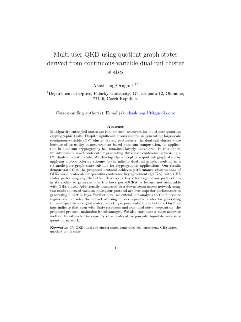 Multi-User QKD Using Quotient Graph States Derived From Continuous ...