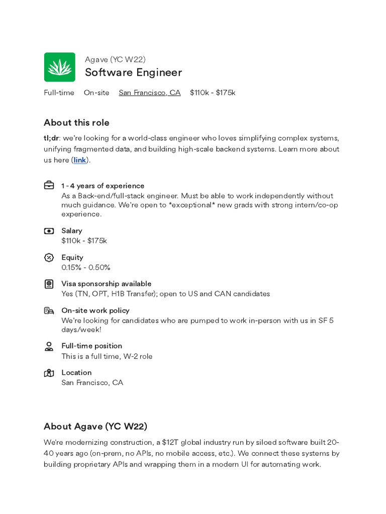 Agave (YC W22) - Software Engineer | PDF | Scalability | Computing