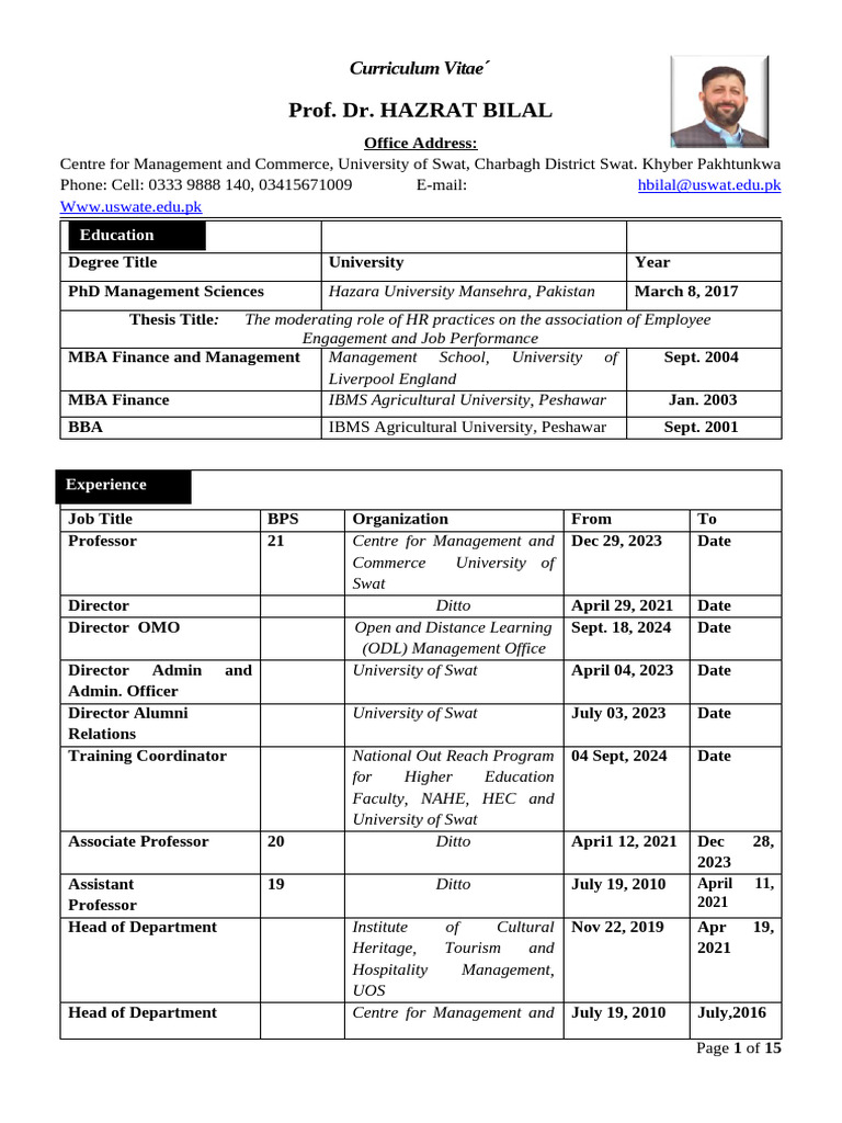 Curriculum Vitae Bilal 10092024 | PDF | Pakistan | Khyber Pakhtunkhwa