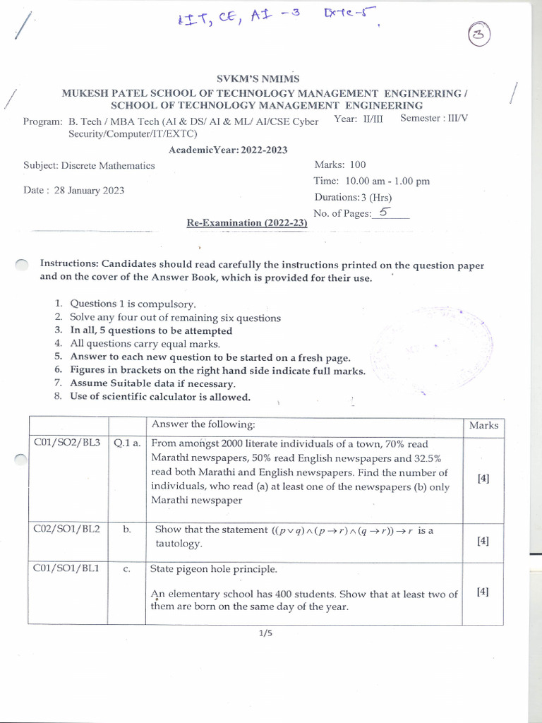 Discrete Mathematics 2nd Year Sem-III Year 2022-23 Re Exam | PDF