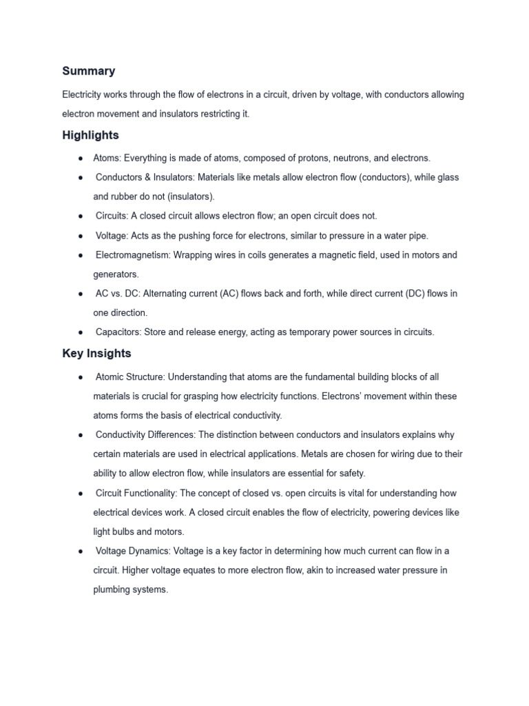 How Electricity Works Notes | PDF | Electricity | Direct Current