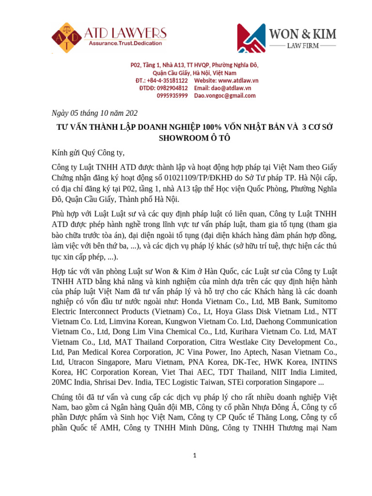 Atd - Tư Vấn Thành Lập Doanh Nghiệp 100% Vốn Nhật Bản Và 3 Showroom Ô Tô | PDF