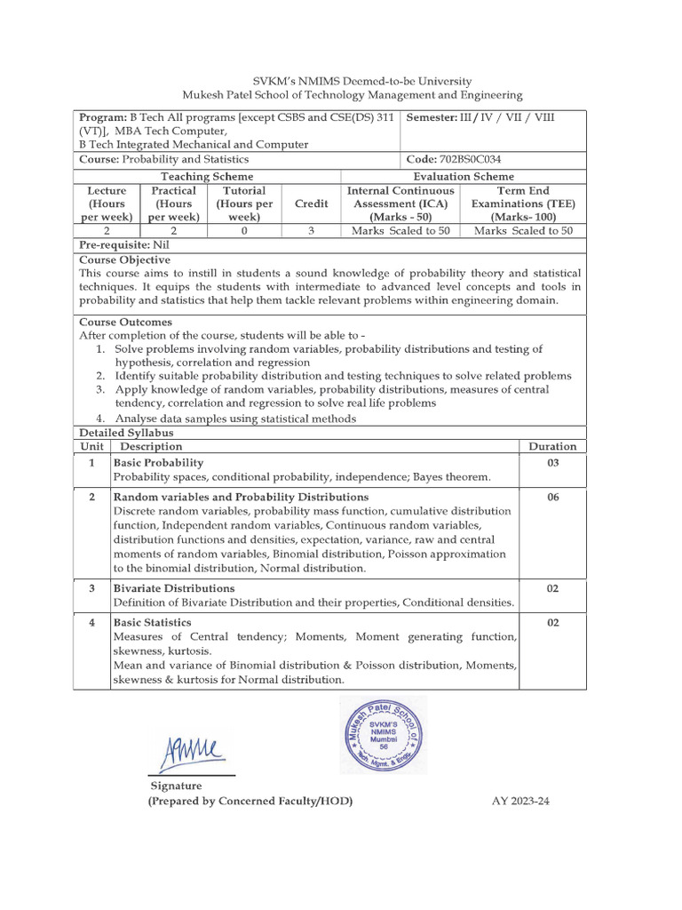 Probability and Statistics Syllabus | PDF